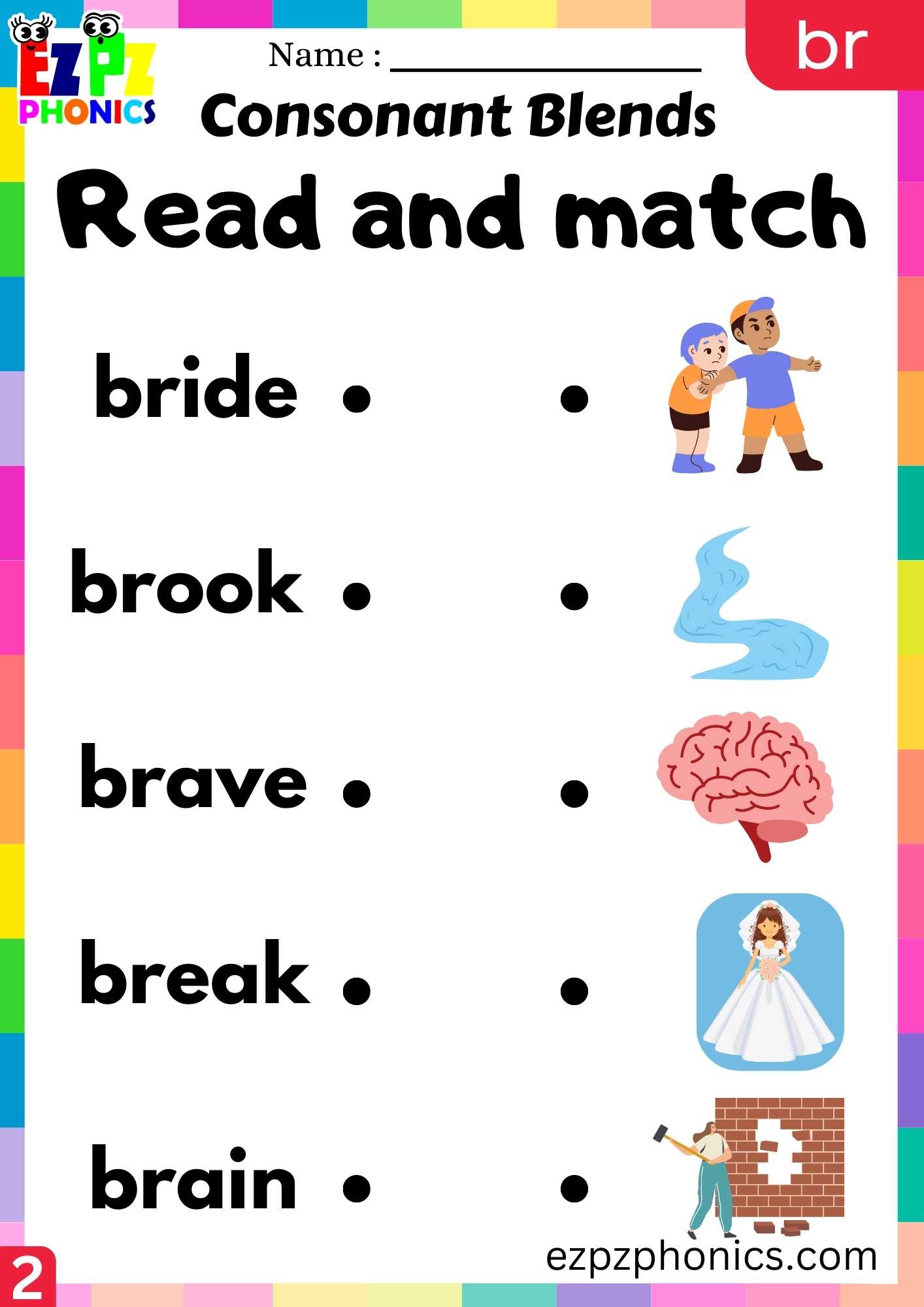 Group2 Br Words Read And Match Phonics Consonant Blends Worksheet